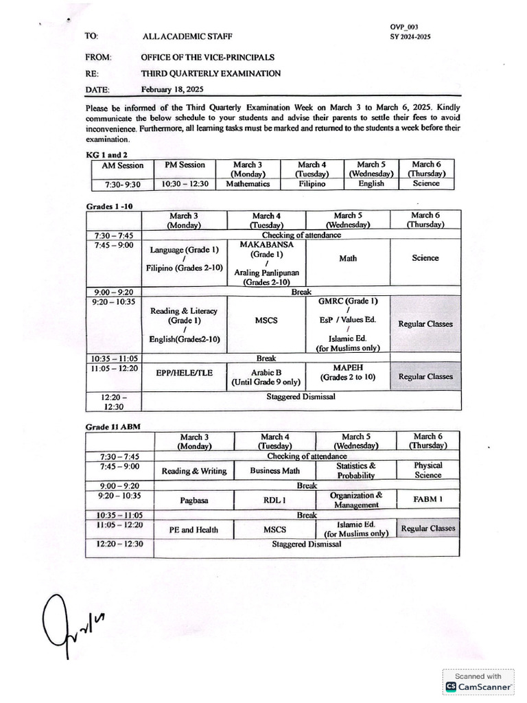 Third Quarter Examination Schedule | PDF
