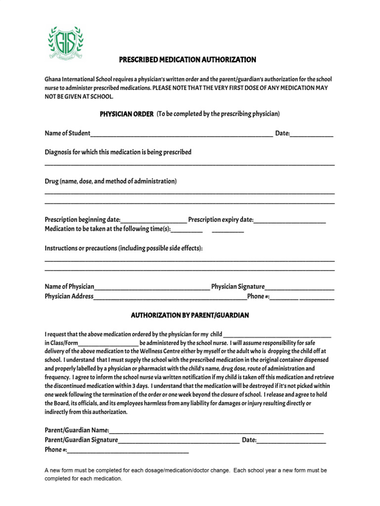 Prescribed Medication Authorization Form | PDF | Medical Prescription ...