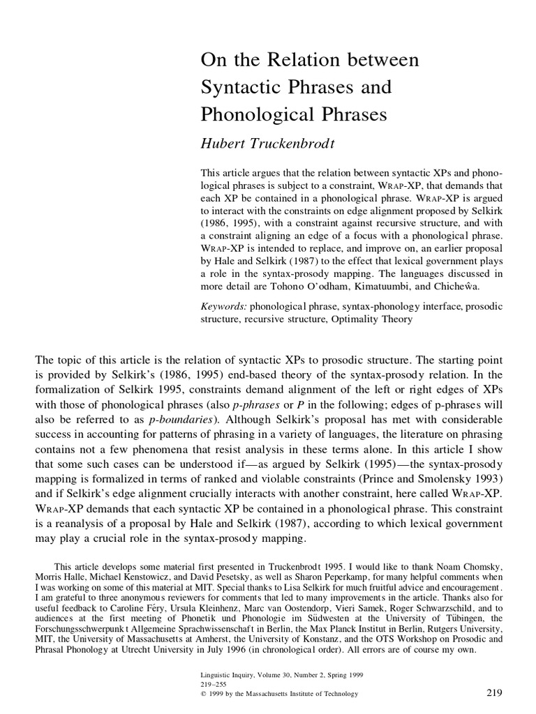 Truckenbrodt - 1999 - On The Relation Between Syntactic Phrases and Phonological Phrases | PDF ...