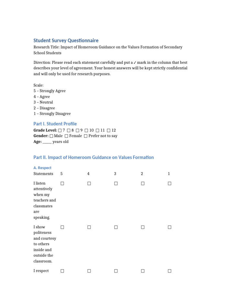 Student Survey Questionnaire | PDF | Social Psychology | Behavior ...