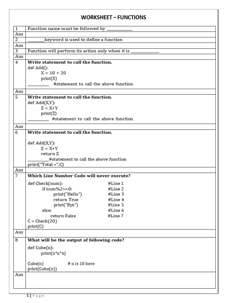 Python Function Worksheet | PDF | Parameter (Computer Programming ...