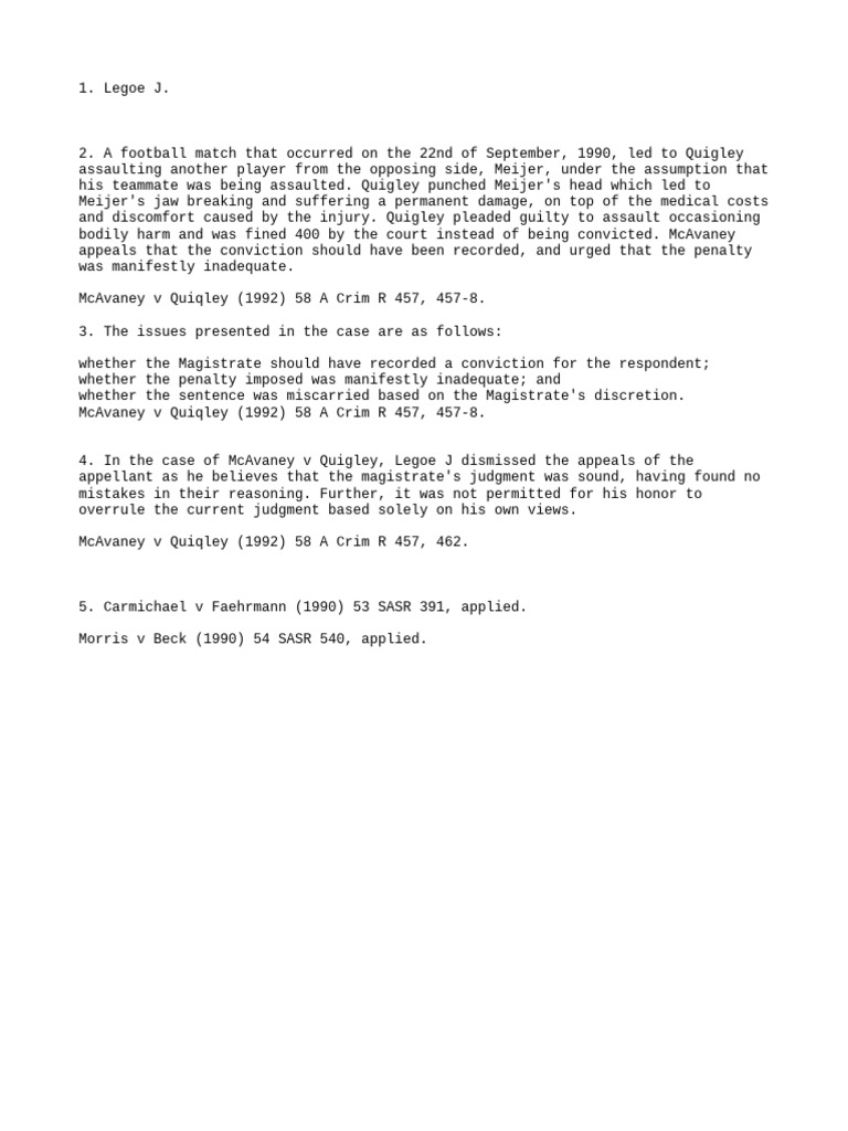 McAvaney v Quigley Assault Case Summary | PDF