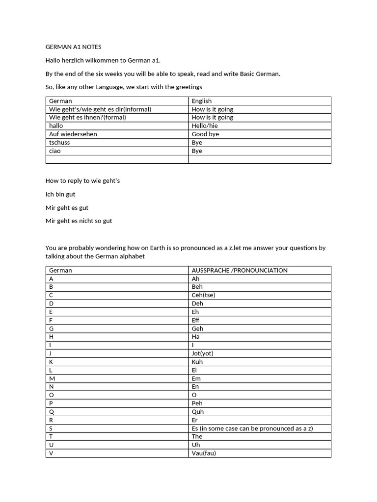 German A1 Notes Pdf Adverb Syntax