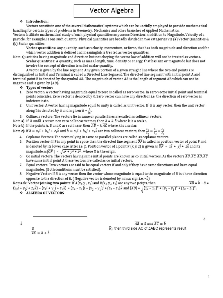 Vector Algebra 1$20250916132521 | PDF | Euclidean Vector | Quantity