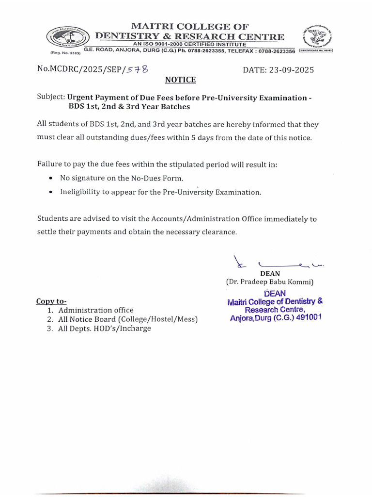 Notice For BDS Student Payment Due Fees in 5 Days | PDF