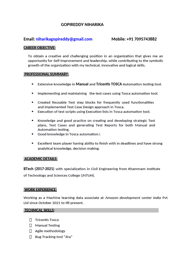 Niharika Resume Tosca | PDF