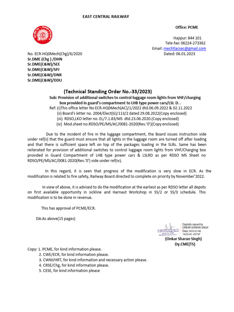TSO 33 For Provision of Add Switches in Lugg Comp in P Car & LSLRD ...