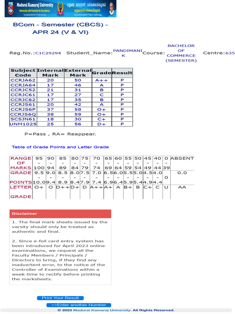 MKU UG Examination Results | PDF
