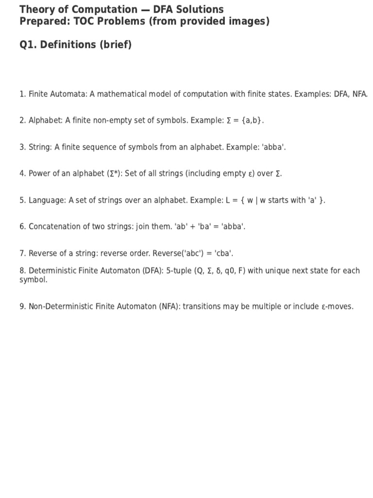 TOC DFA Solutions7655787 | PDF | Automata Theory | Models Of Computation