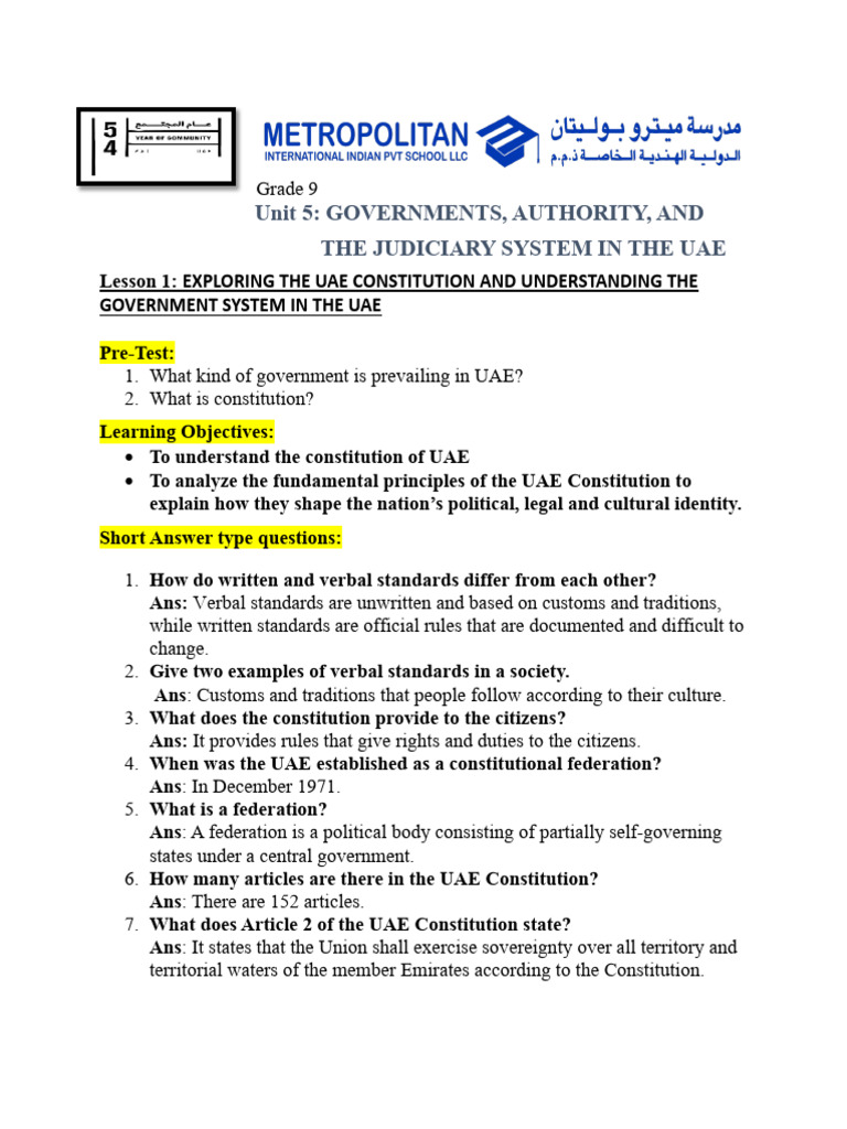 GR.9 MSCS Unit-5 Lesson-1 Notes | PDF | United Arab Emirates | Justice
