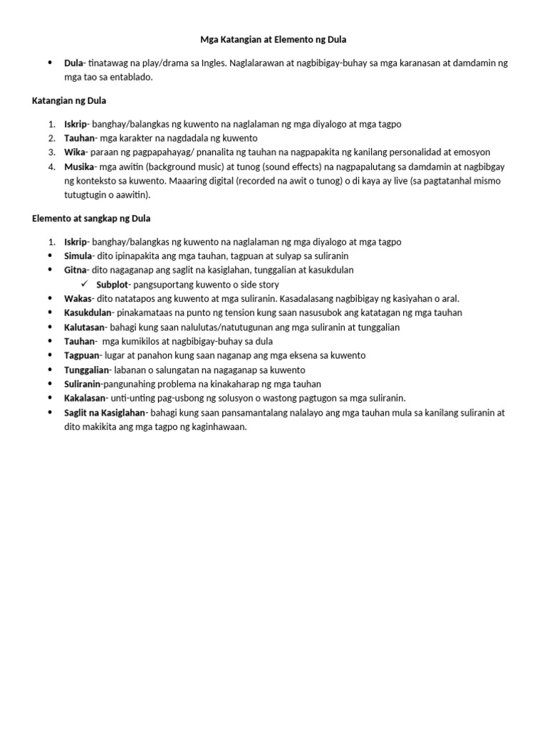 Mga Katangian at Elemento Ng Dula 063136 (1) | PDF