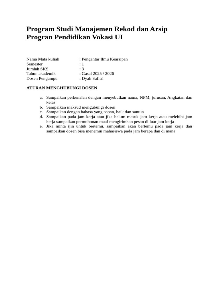 Aturan Kontak Dosen Kearsipan UI | PDF