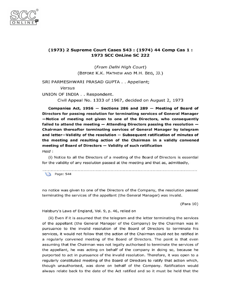 Parmeshwari Prasad Gupta v. Union of India, (1973) 2 SCC 543 | PDF | Supreme Court Of The United ...