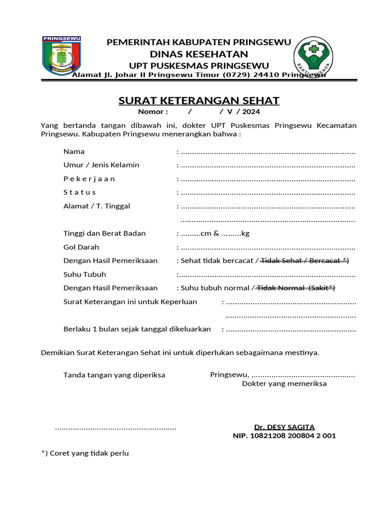 Surat Keterangan Sehat Pringsewu 2024 | PDF
