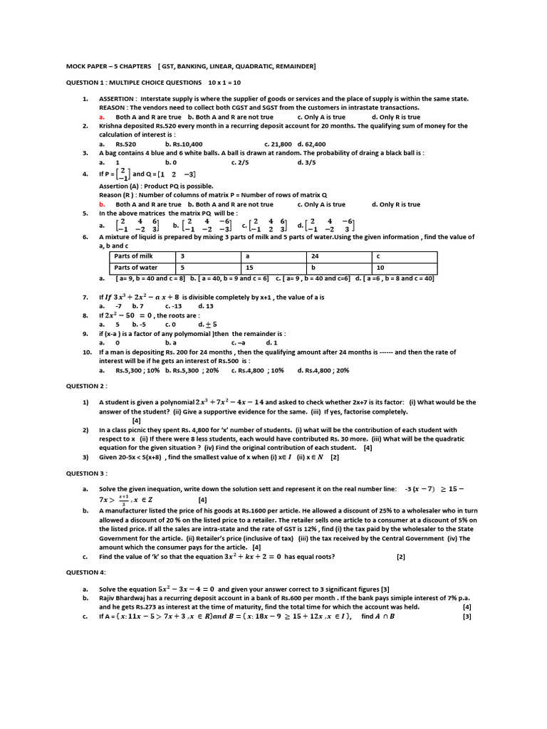 Isce Class 10 Mock Paper Maths | PDF | Matrix (Mathematics) | Prices