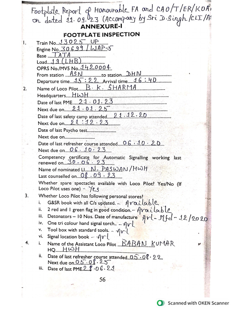 Footplate Inspection by FA&CAO-T On 11.09.2023 | PDF