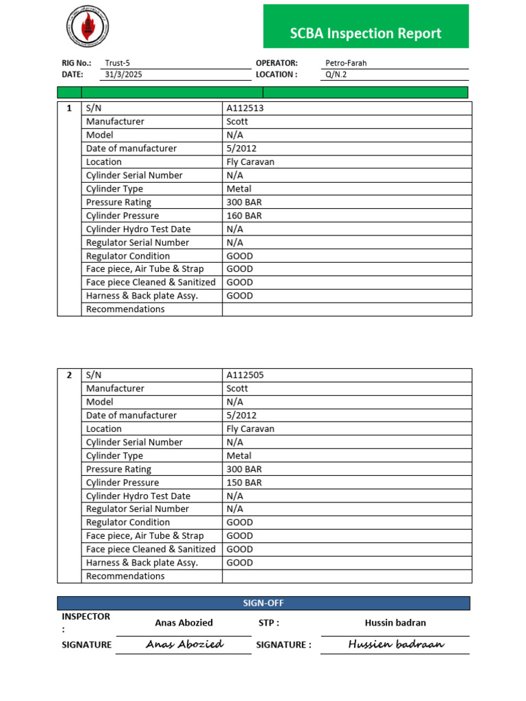 TRUST 5 Weekly SCBA Inspection 31-3-2025 | PDF