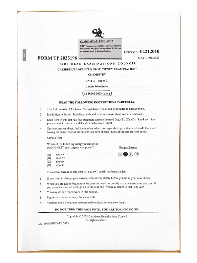 CAPE Chemistry June 2023 U2 P1 | PDF