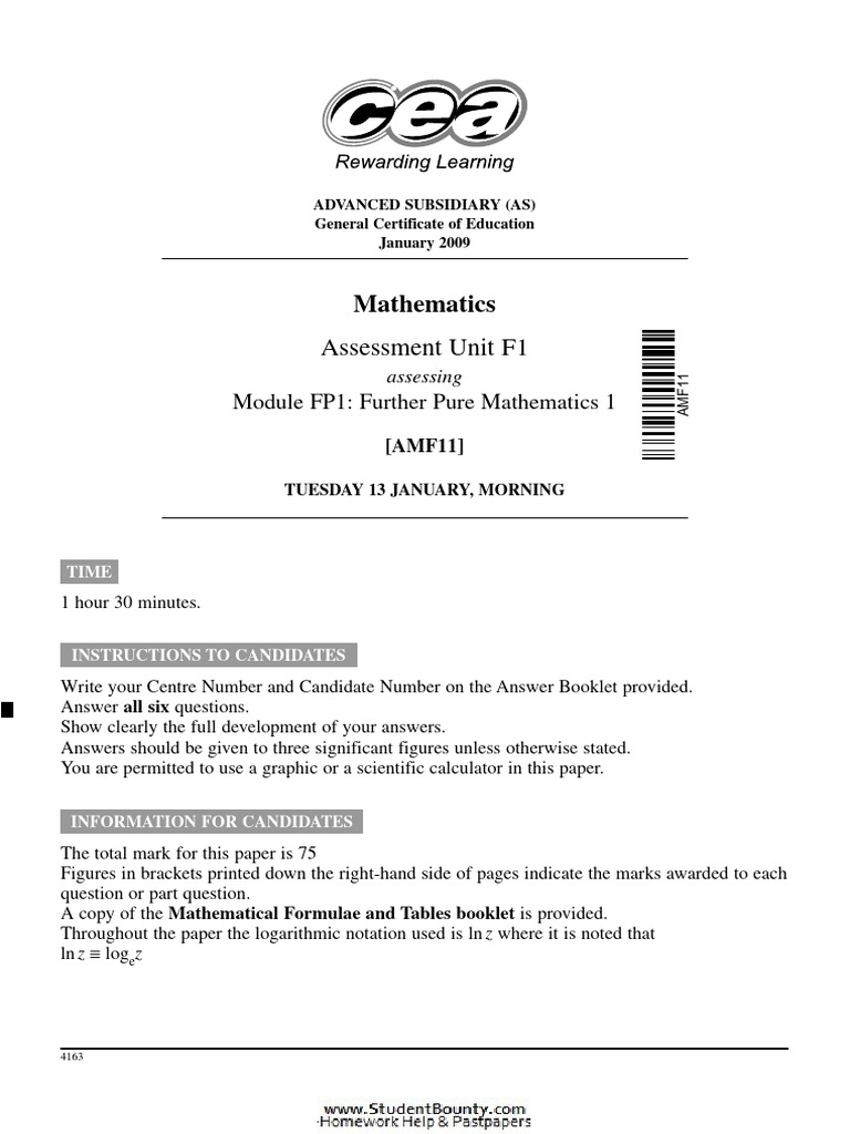 A2AS MATH Past Papers Mark Schemes Standard January Series 2009 4614 | PDF | Matrix (Mathematics ...