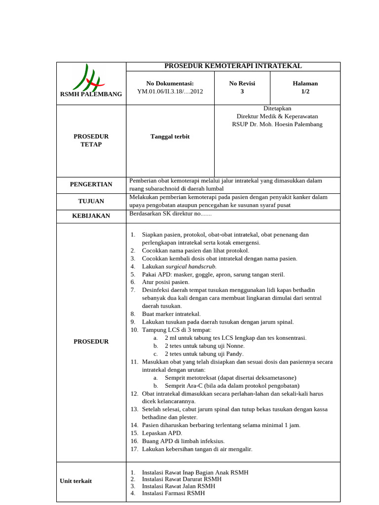 Prosedur Kemoterapi Intratekal RSMH | PDF