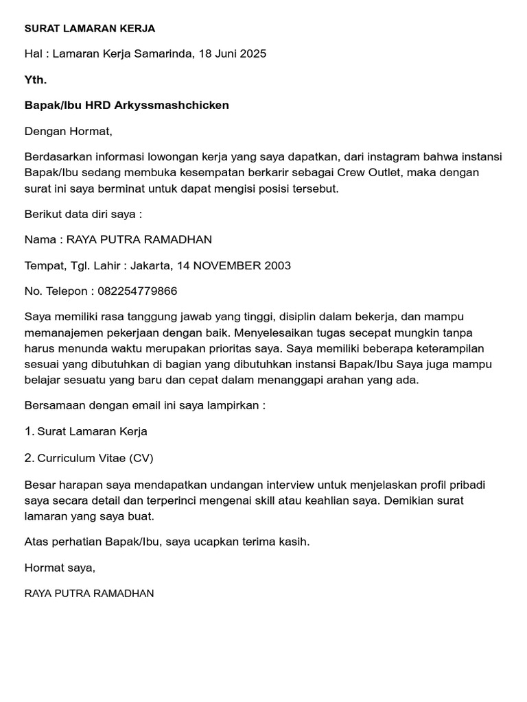 Surat Lamaran Kerja PDF | PDF