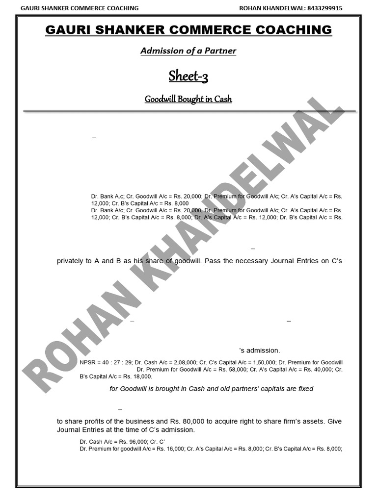 admission of partner | PDF | Goodwill (Accounting) | Balance Sheet