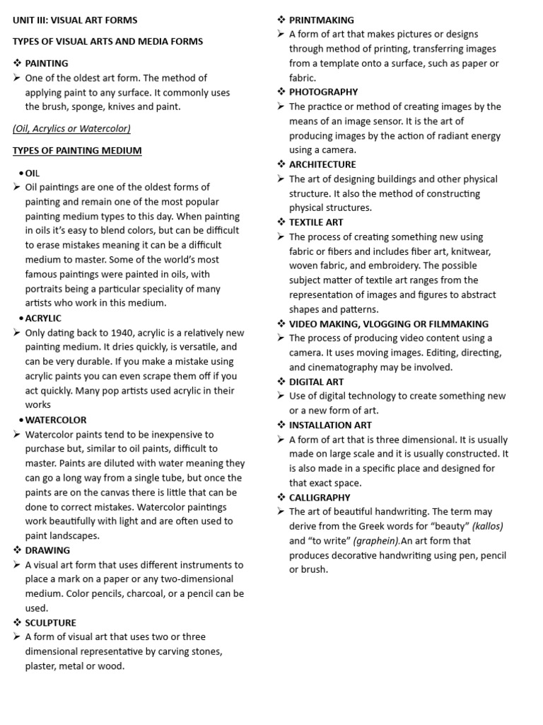 Unit III Types of Visual Arts and Media Forms | PDF | Paintings | Textiles