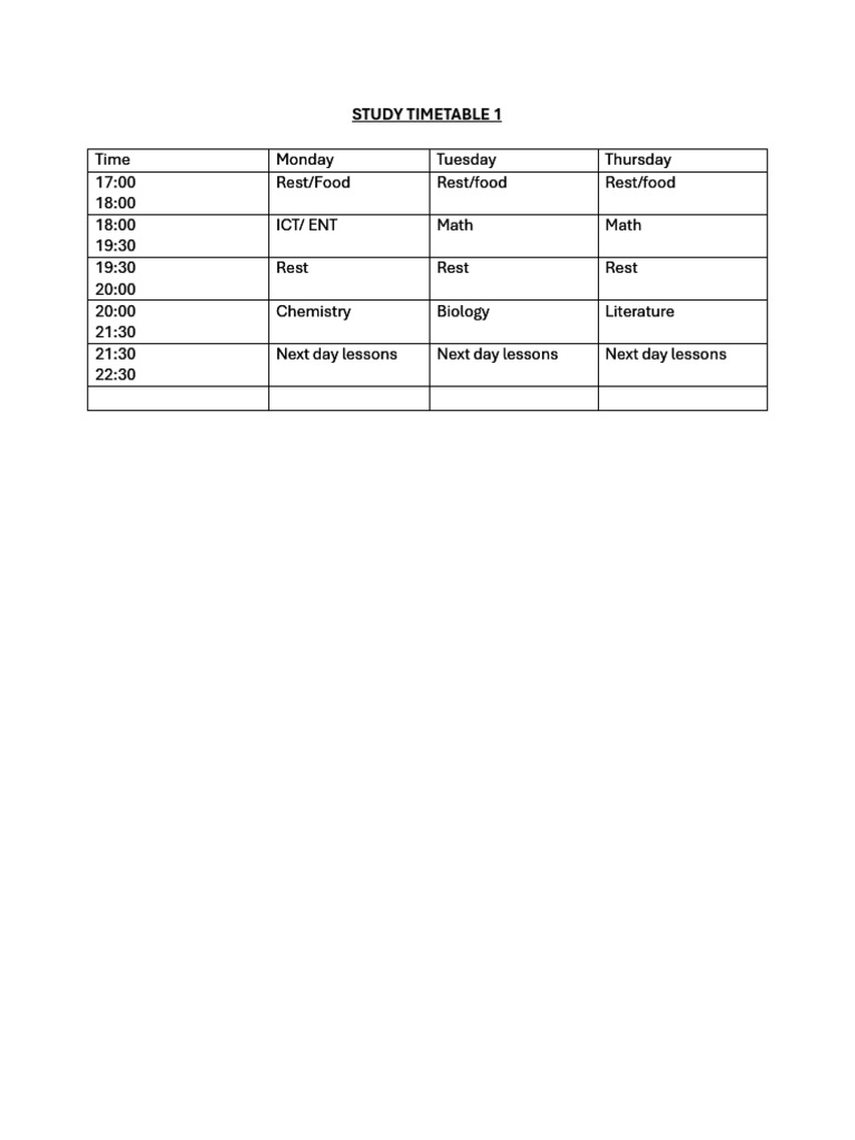 Weekly Study Timetable Overview | PDF