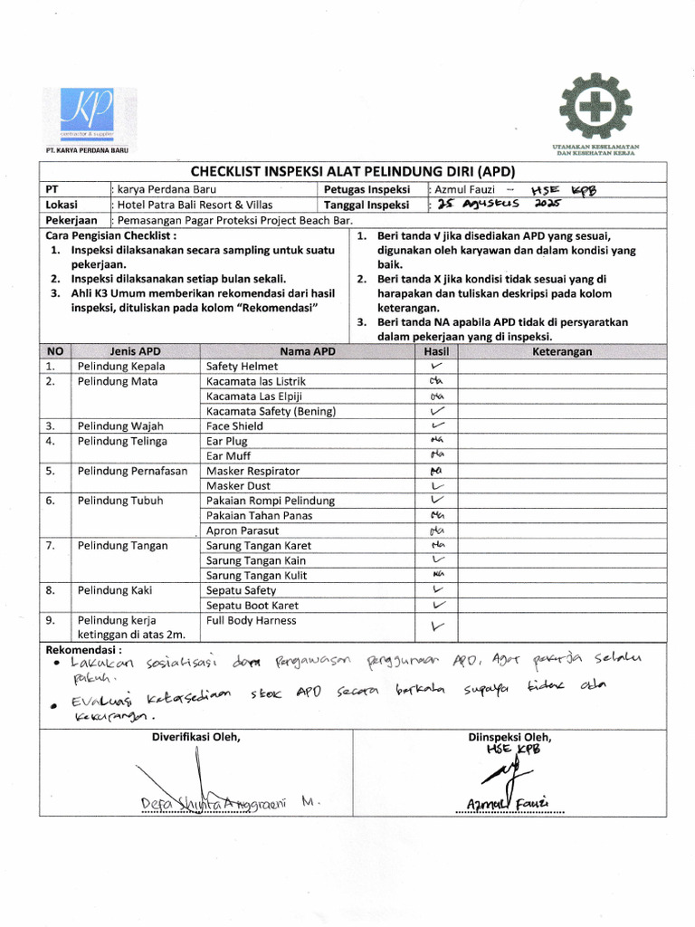 Checklist Inspeksi APD Pagar Proteksi | PDF