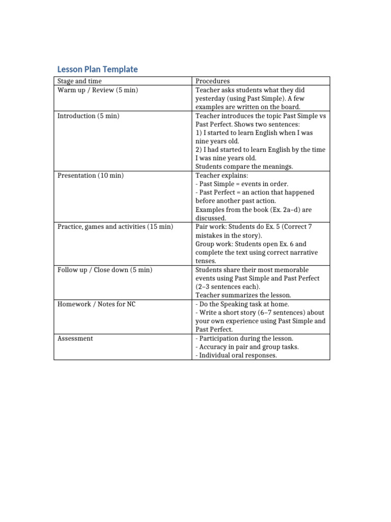 Past Simple vs Past Perfect Lesson Plan | PDF