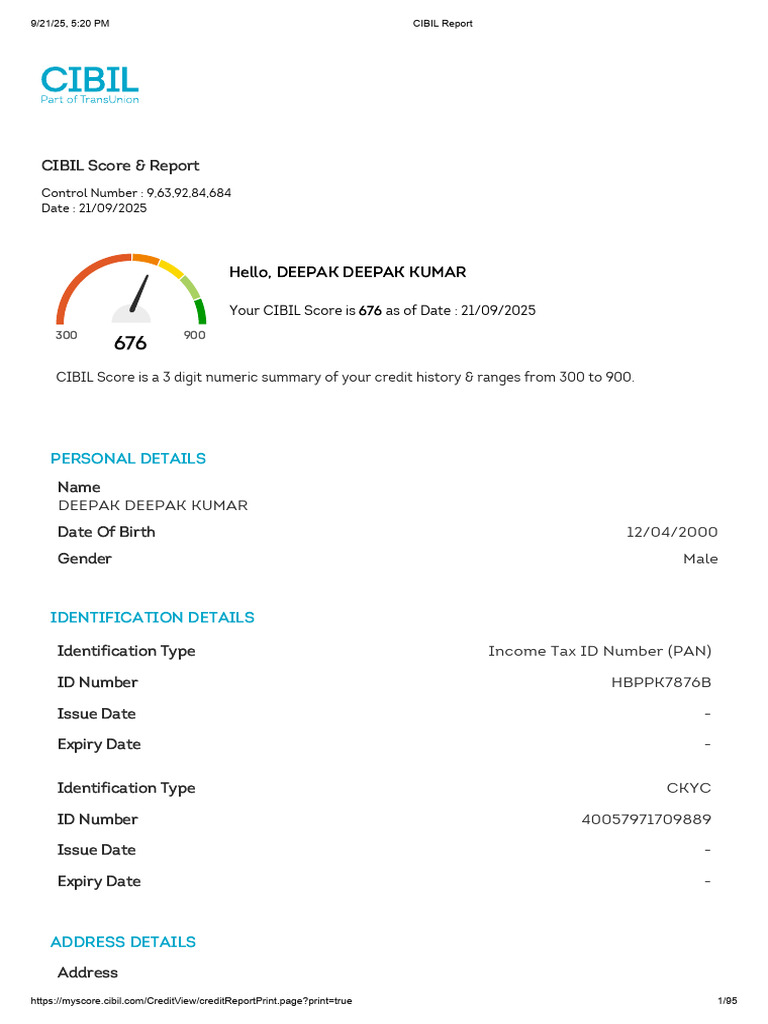 CIBIL Report for Deepak Kumar | PDF | Credit | Finance & Money Management
