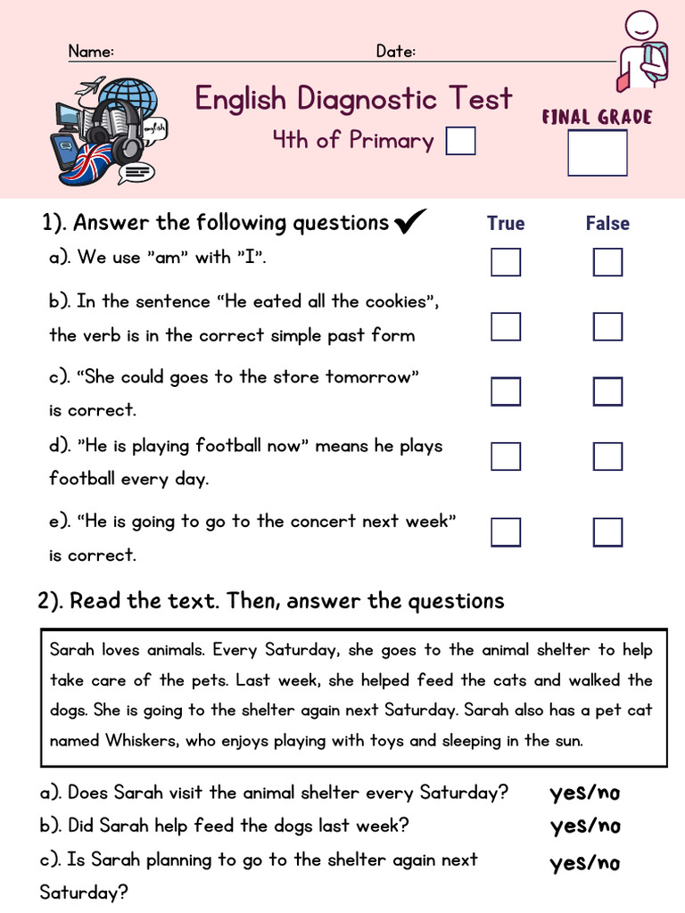4th Grade English Diagnostic Test | PDF