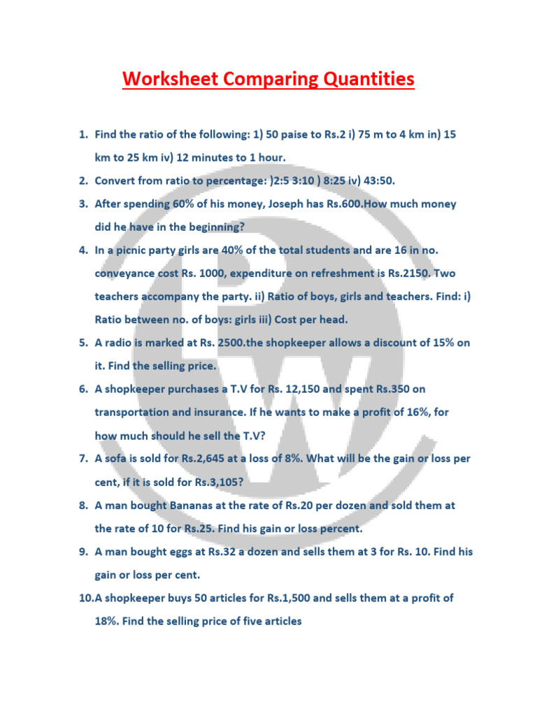 Comparing Quantities Worksheet | PDF | Interest | Compound Interest