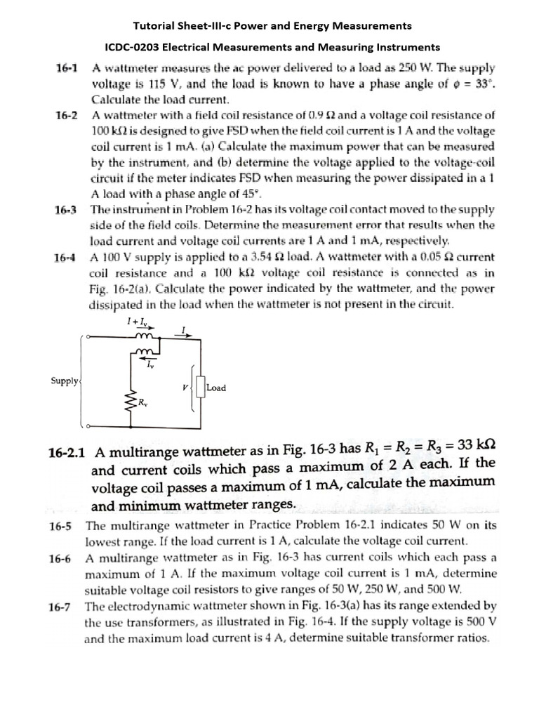 Tutorial Sheet-IIIc Power and Energy Measurements | PDF