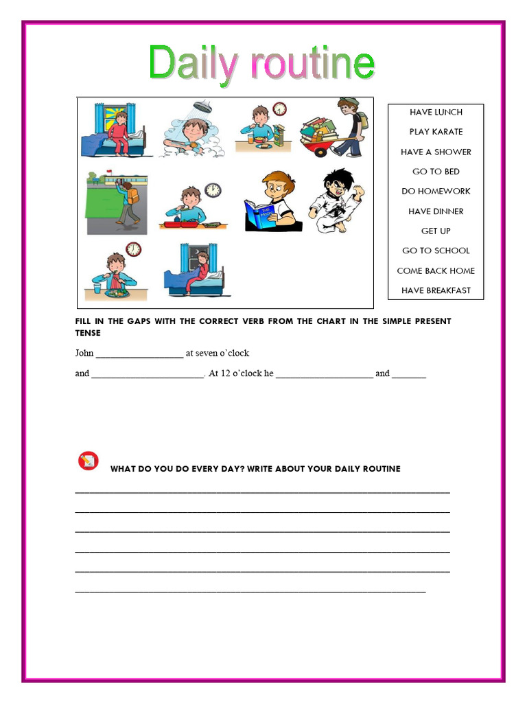 Simple Present Tense Daily Routine Worksheet Template | PDF
