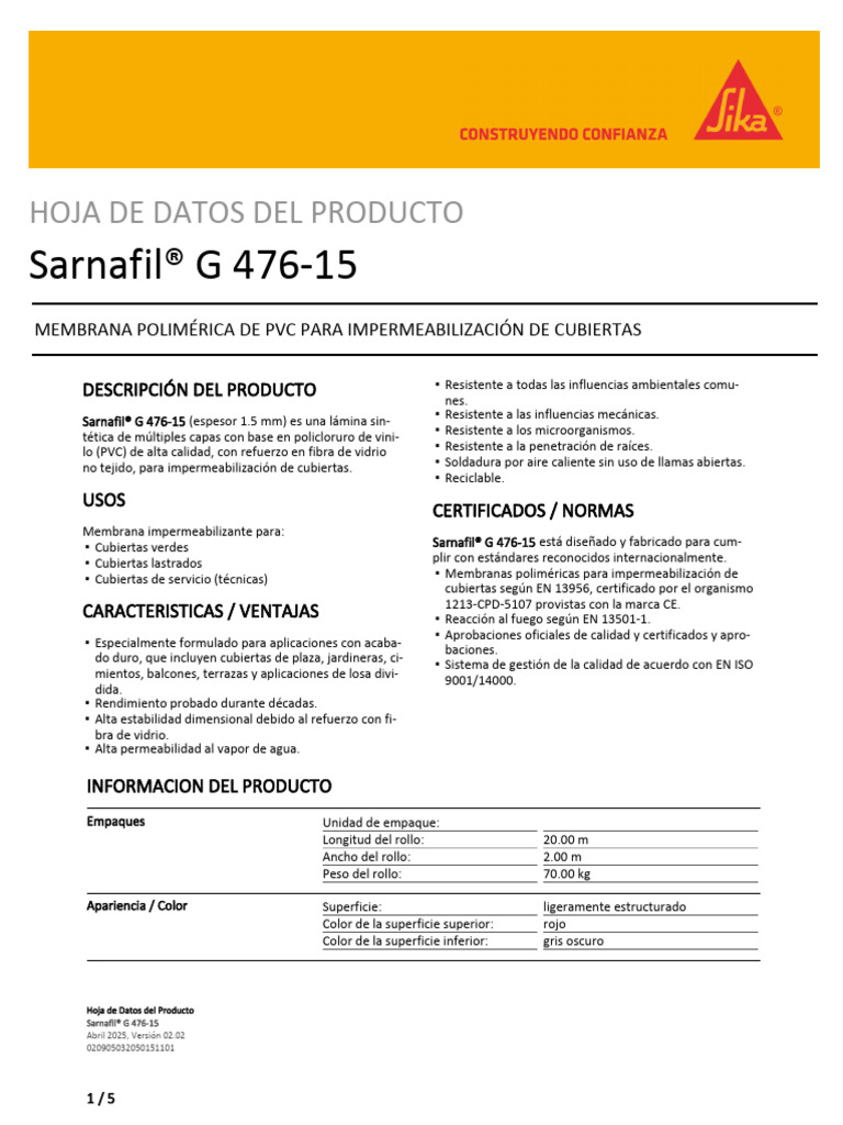 Membrana PVC Sarnafil G 476-15 | PDF | Materiales