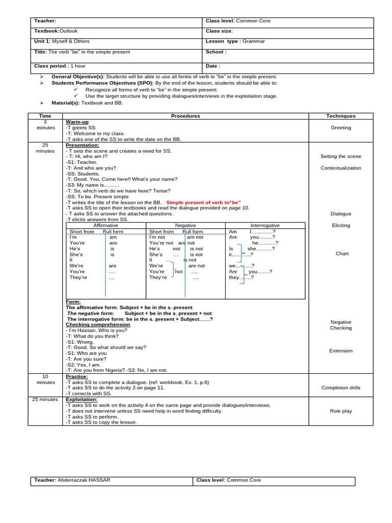 Simple Present Verb "Be" Lesson Plan | PDF | Morphology | Linguistic ...