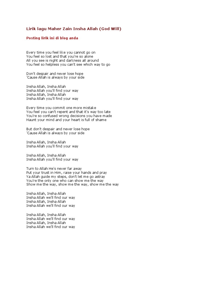 Lirik Lagu Maher Zain Insha Allah | PDF | Theism | Mythology