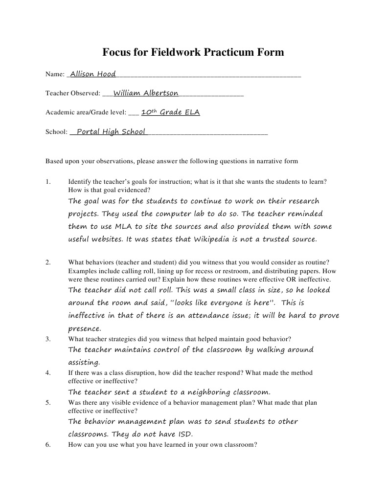 Focus For Fieldwork Practicum Portal High 2 | PDF | Classroom ...
