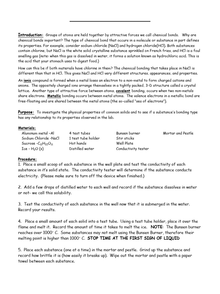 2011 Lab Properties of Solids | PDF | Chemical Bond | Ion