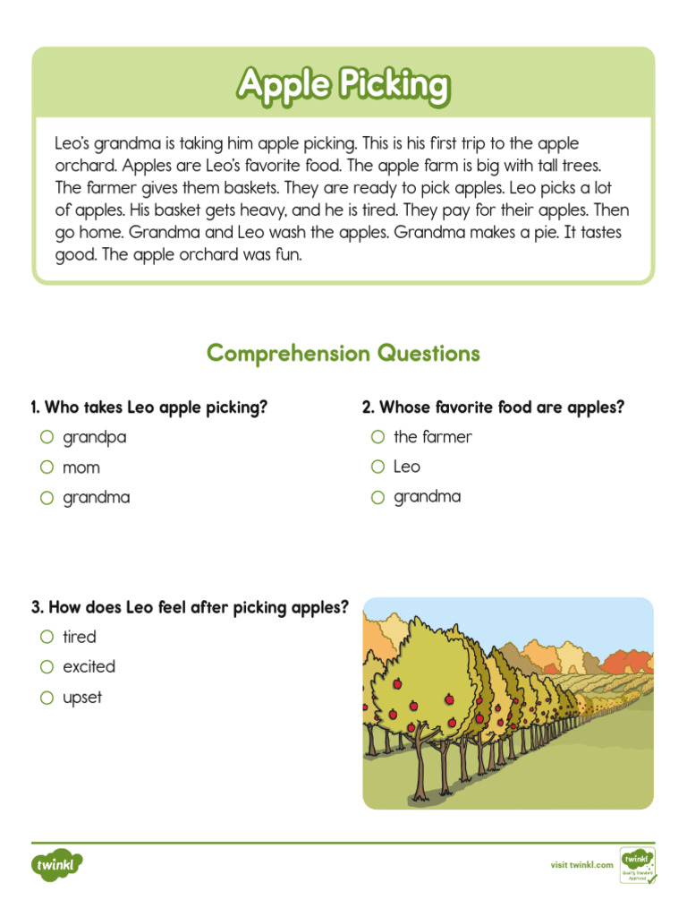 Digital Kindergarten Apple Picking Reading Passage Comprehension ...