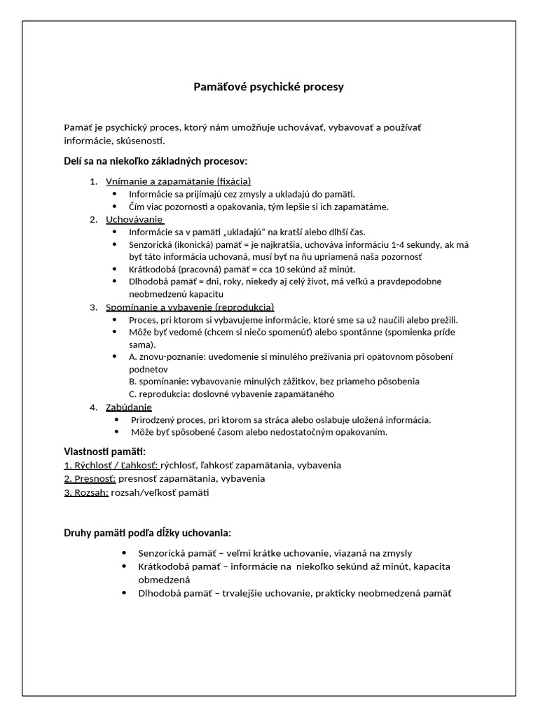 Pamäťové Psychické Procesy | PDF