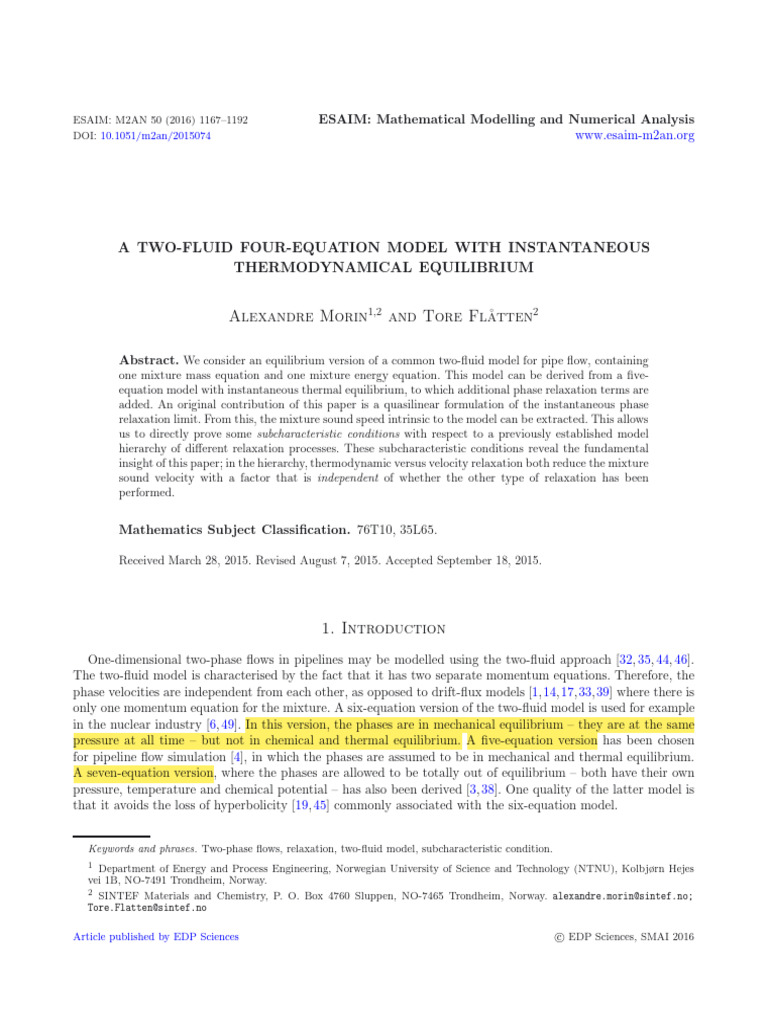#A Two-Fluid Four-Equation Model With Instantaneous Thermodynamical Equilibrium | PDF | Fluid ...