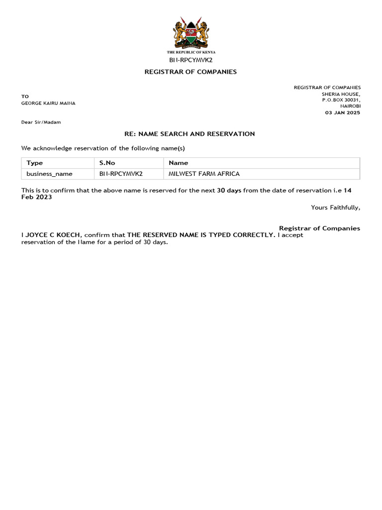 BN RPCYMVK2 Name Reservation Certificate | PDF