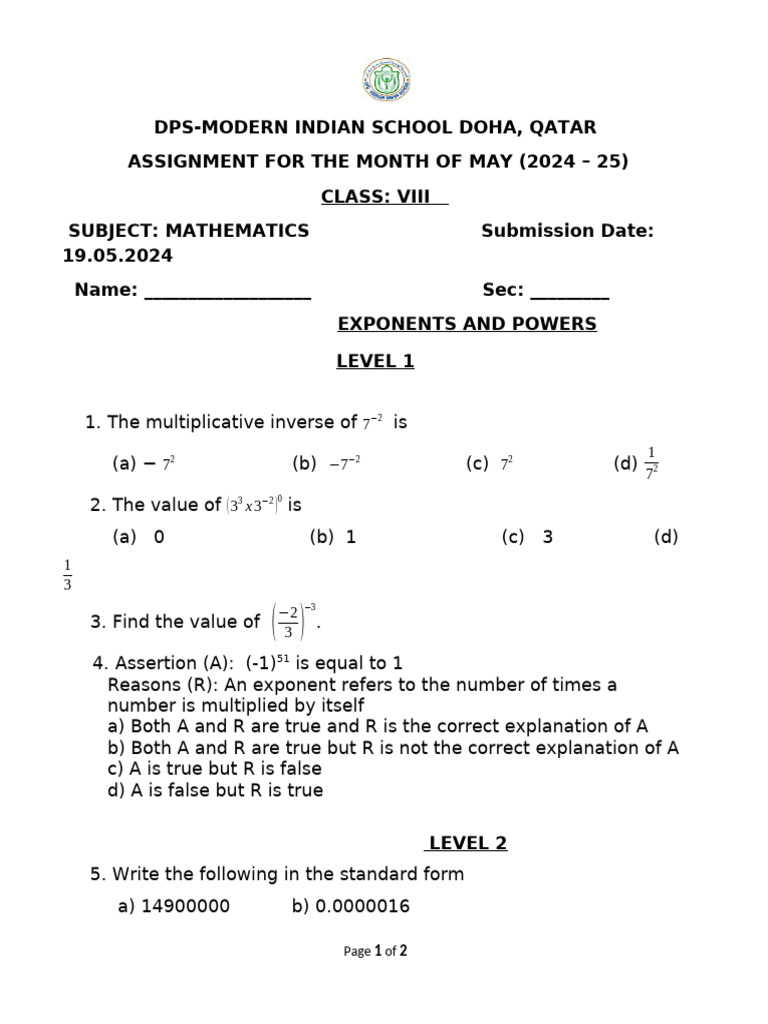Grade 8 May Assignment 2024 | PDF | Exponentiation | Mathematics