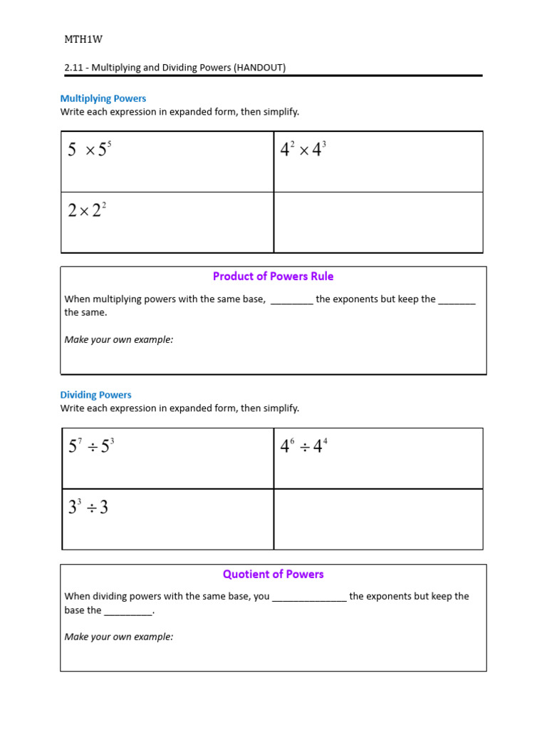 2.11 - Multiply & Divide Exponents (HANDOUT) | PDF