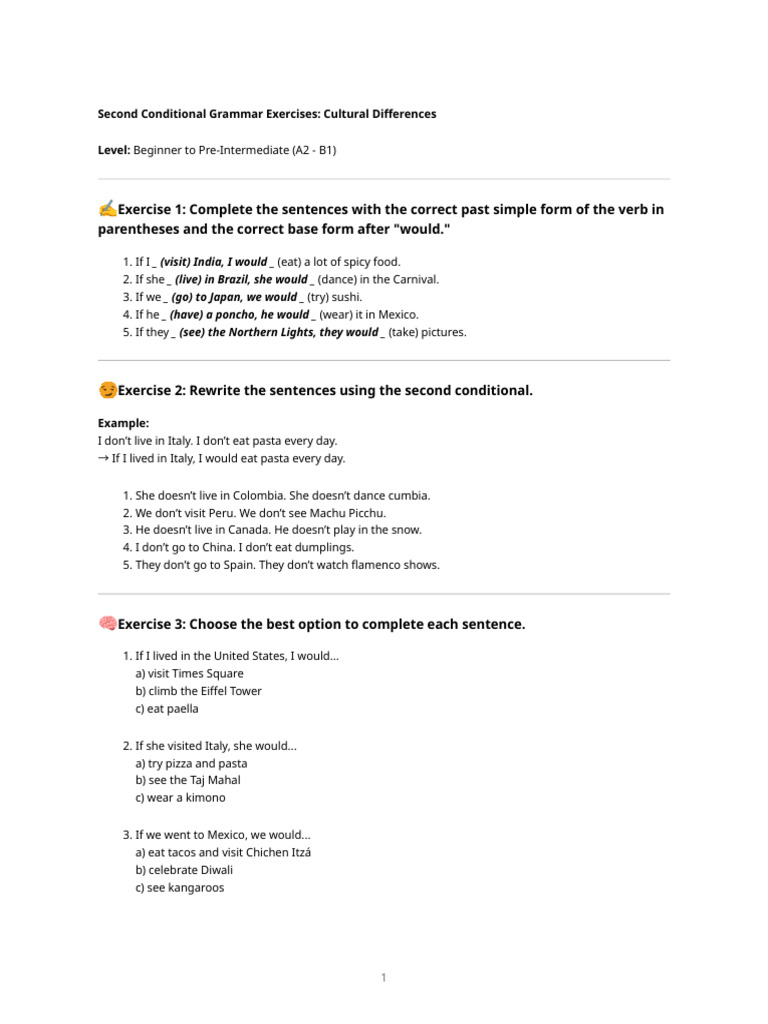 Second Conditional Cultural Exercises | PDF
