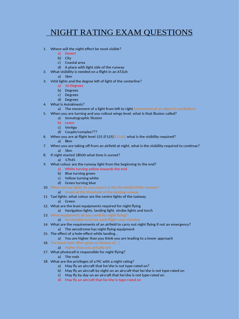 Night Rating Exam Questions | PDF | Visual Flight Rules | Fog