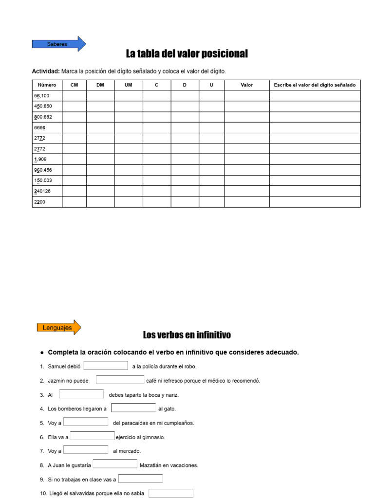 La Tabla Del Valor Posicional y Verbos | PDF