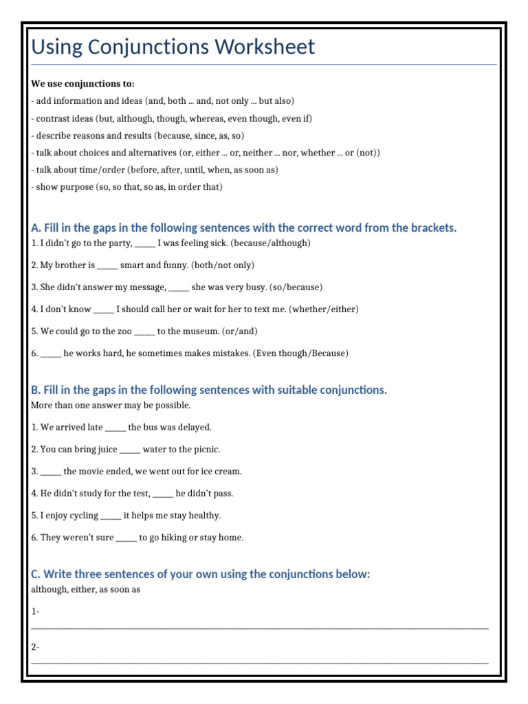 Conjunctions Practice Worksheet | PDF